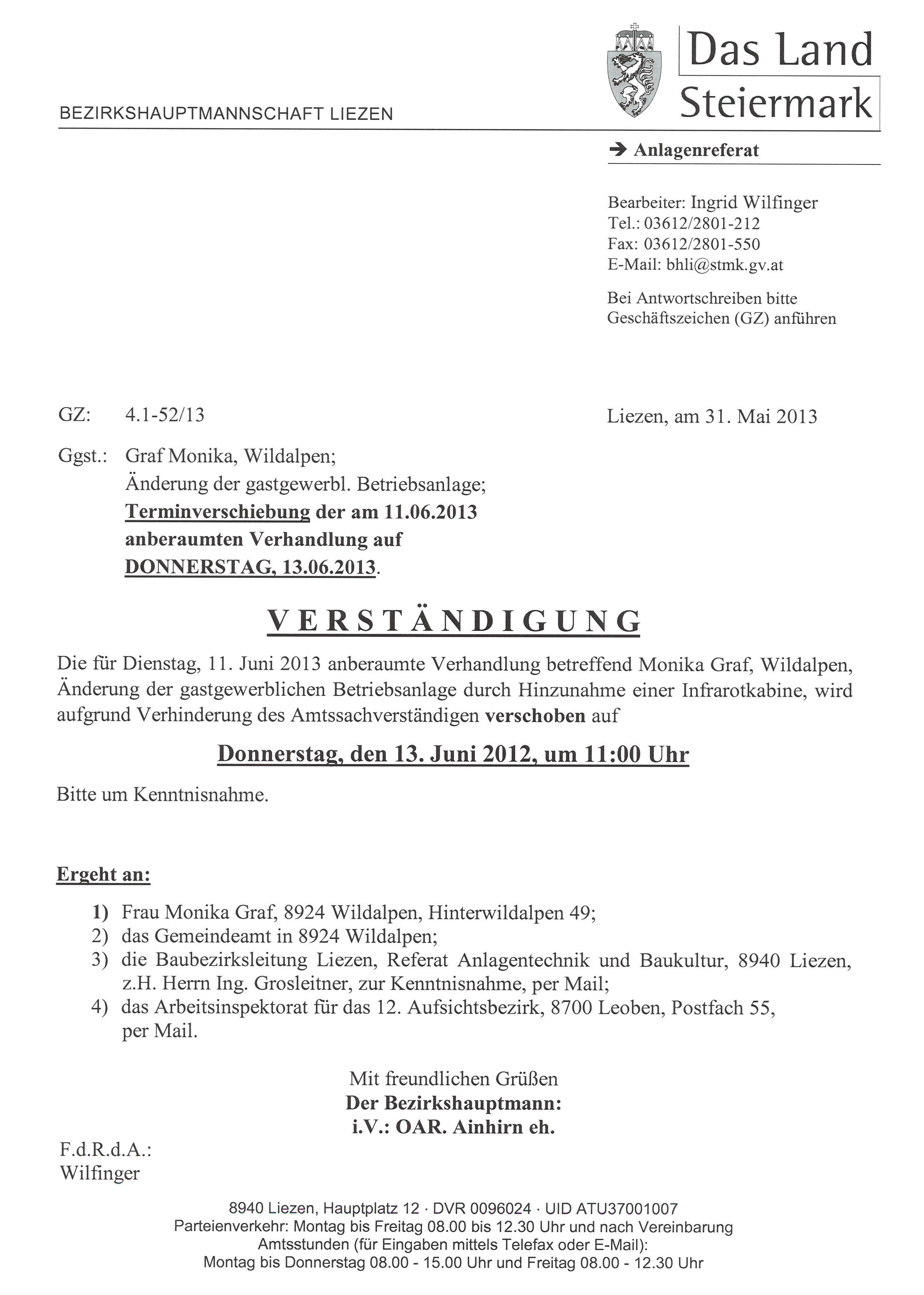 Verständigung - ! Terminverschiebung ! - BH Liezen - Land Steiermark