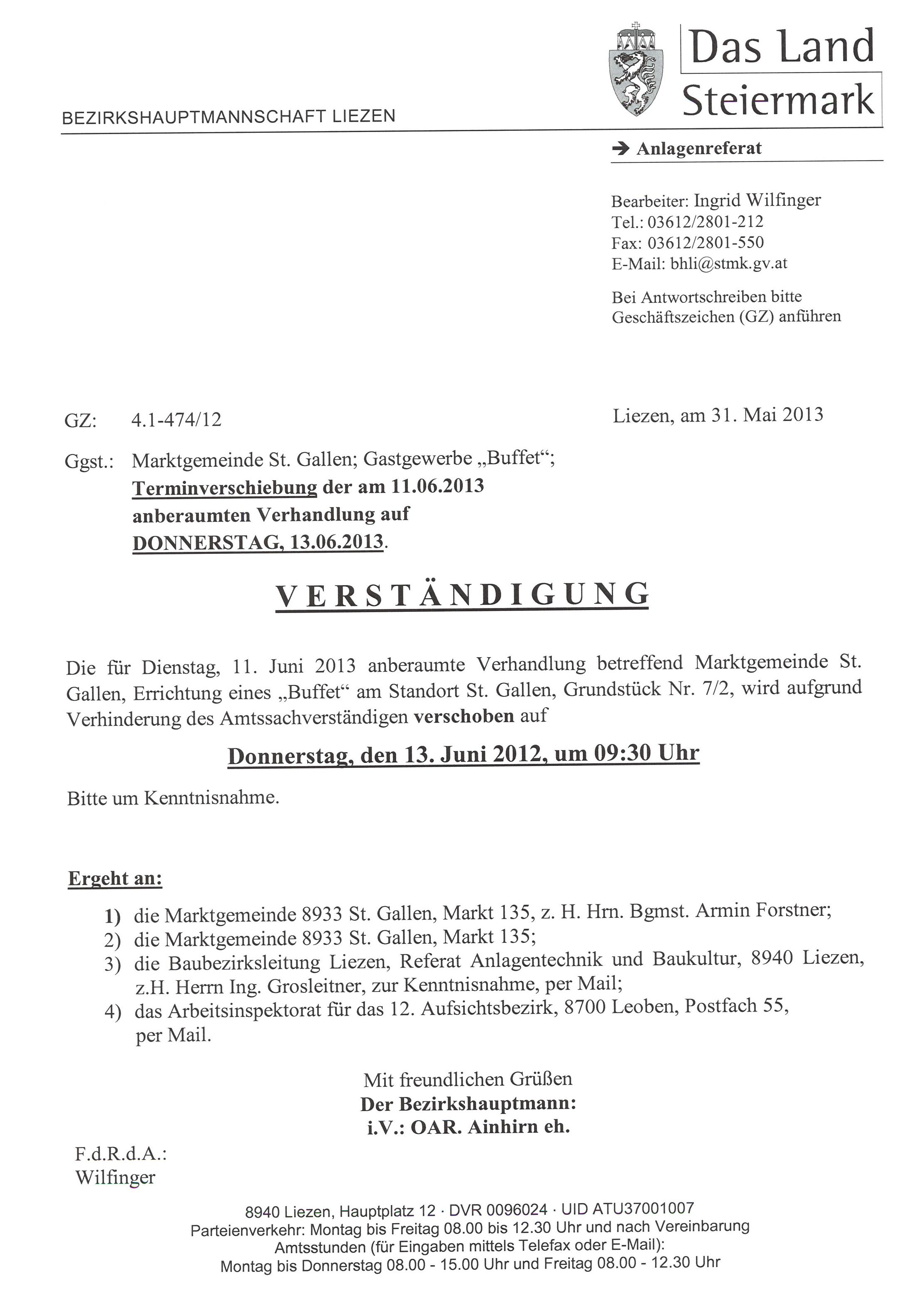 Verständigung - ! Terminverschiebung ! - BH Liezen - Land Steiermark